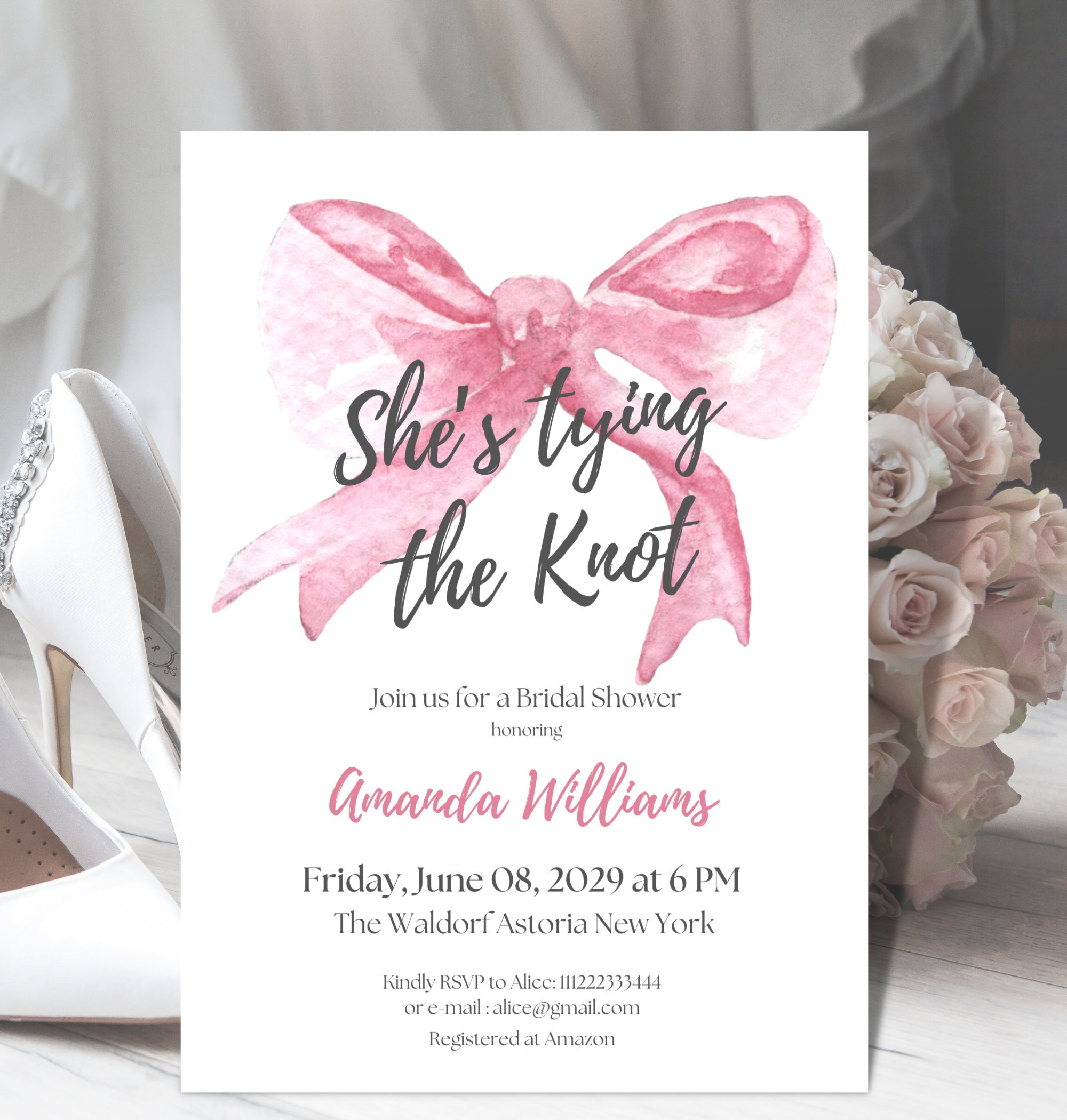 She's Tying the Knot Bridal Shower Invitation Template Editable Ribbon Pink Bow Bridal Shower ...