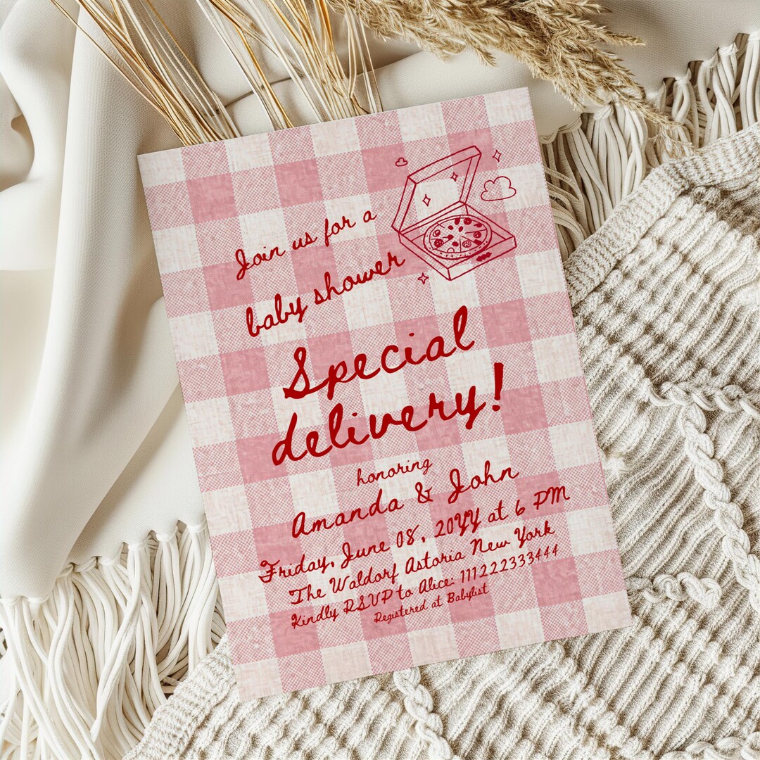Pizza Baby Shower Invitation Digital Template Handwritten Red Gingham ...