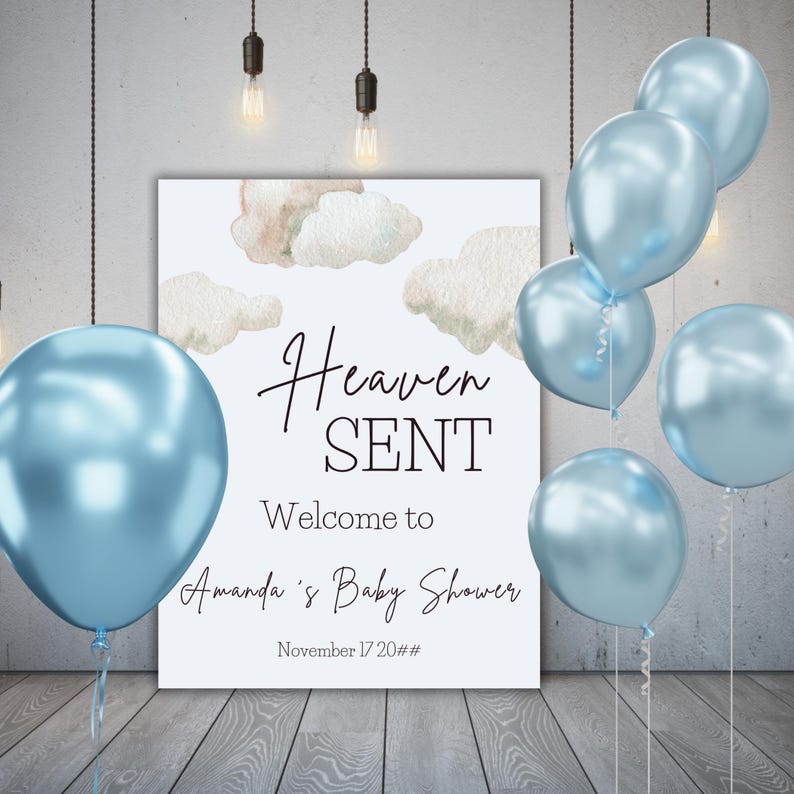Heaven Sent Baby Shower Welcome Sign Digital Template, Cloud Nine Sky ...