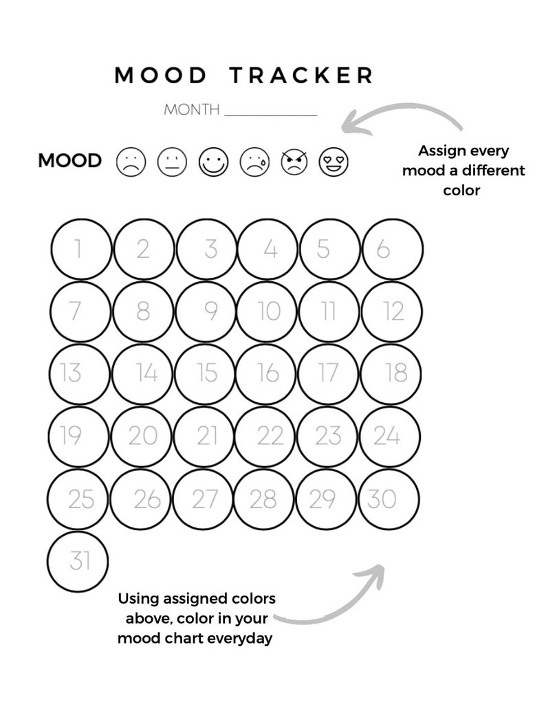 Mood Tracker Printable Mood Chart Mood Journal Emotion Tracker Mood Chart Digital Journal