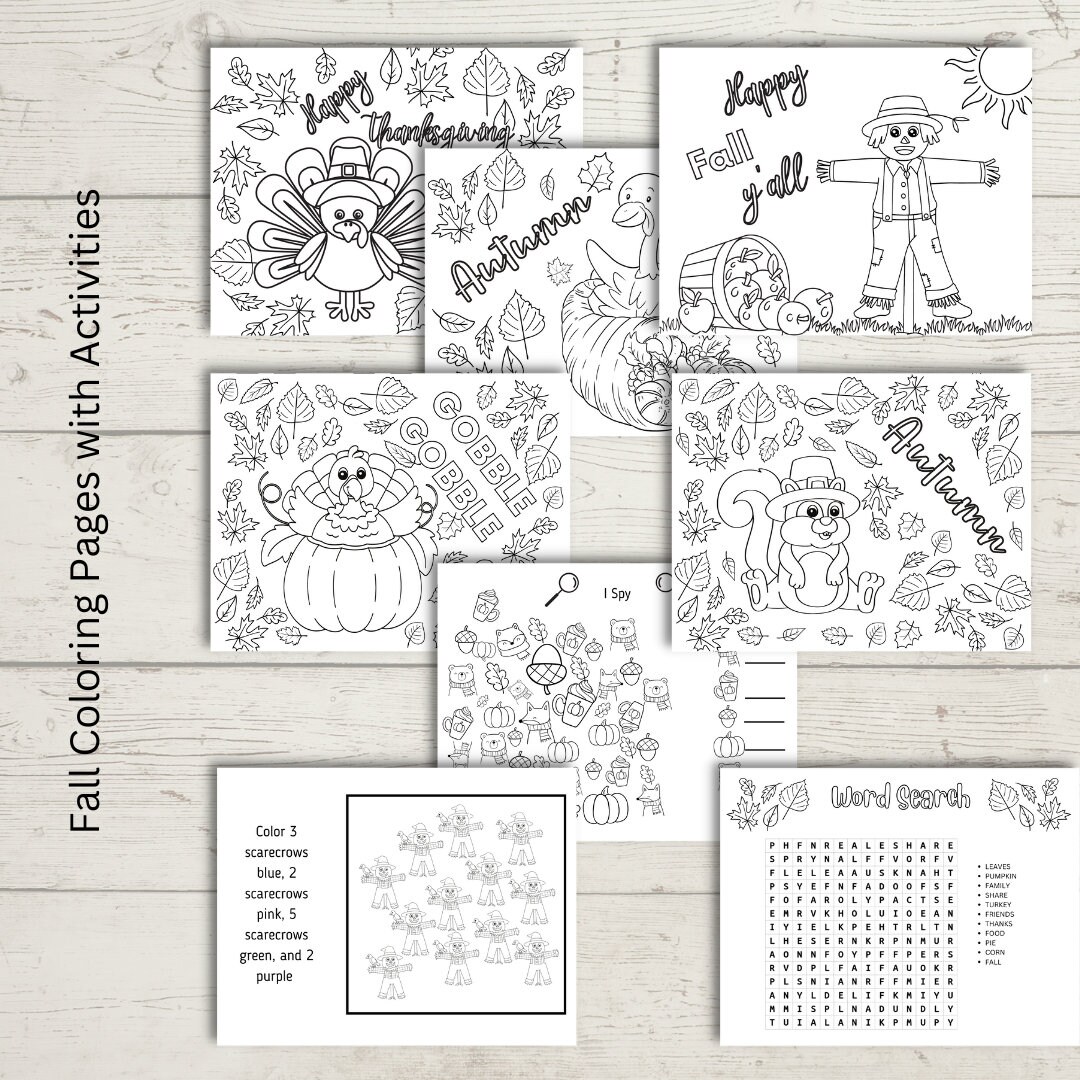 Thanksgiving Fall Theme Coloring Pages With Activities - Etsy