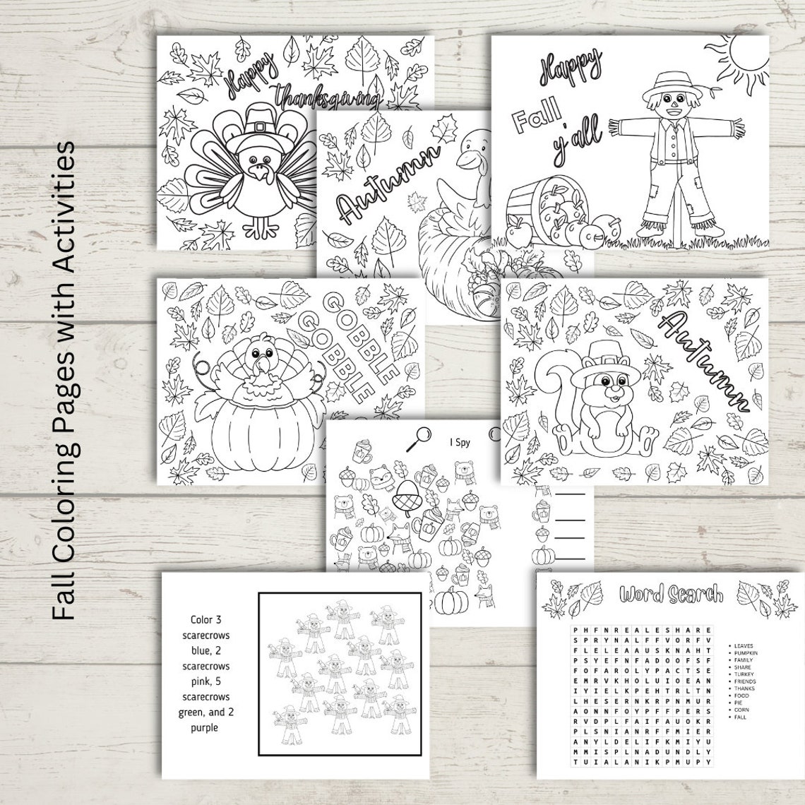 Thanksgiving Fall Theme Coloring Pages With Activities - Etsy