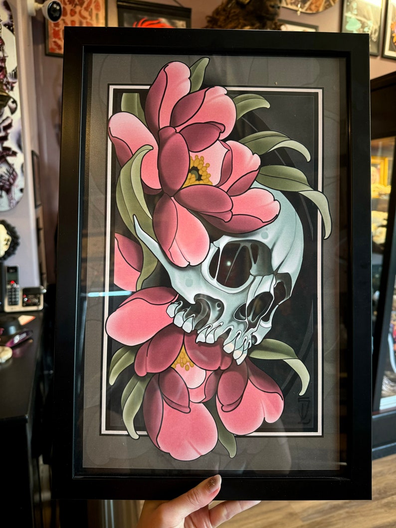 Skull and Peony Neotraditional Tattoo Style Art Print 11x17 - Etsy