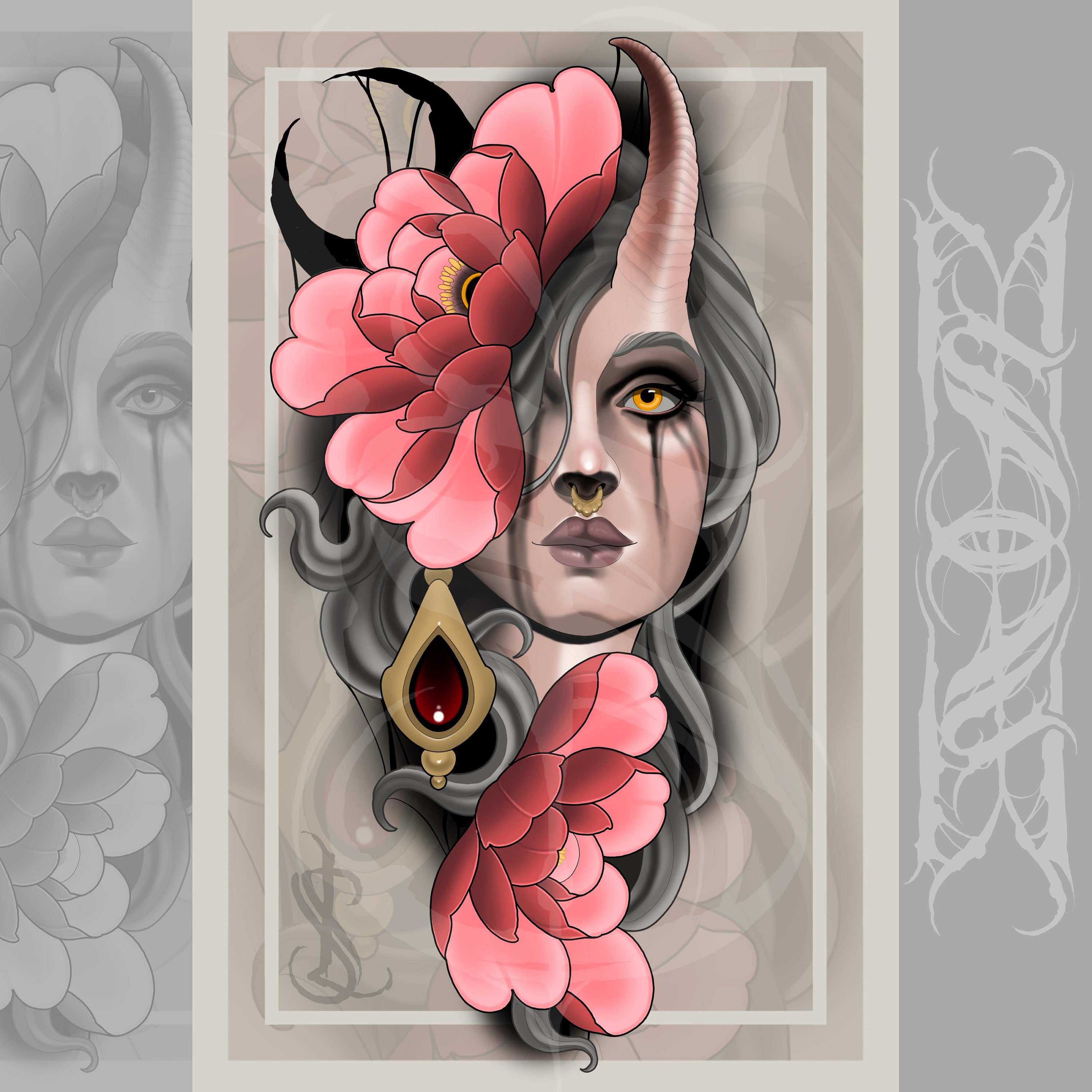 Demon Girl Neotraditional Tattoo Style Art Print 11x17 - Etsy