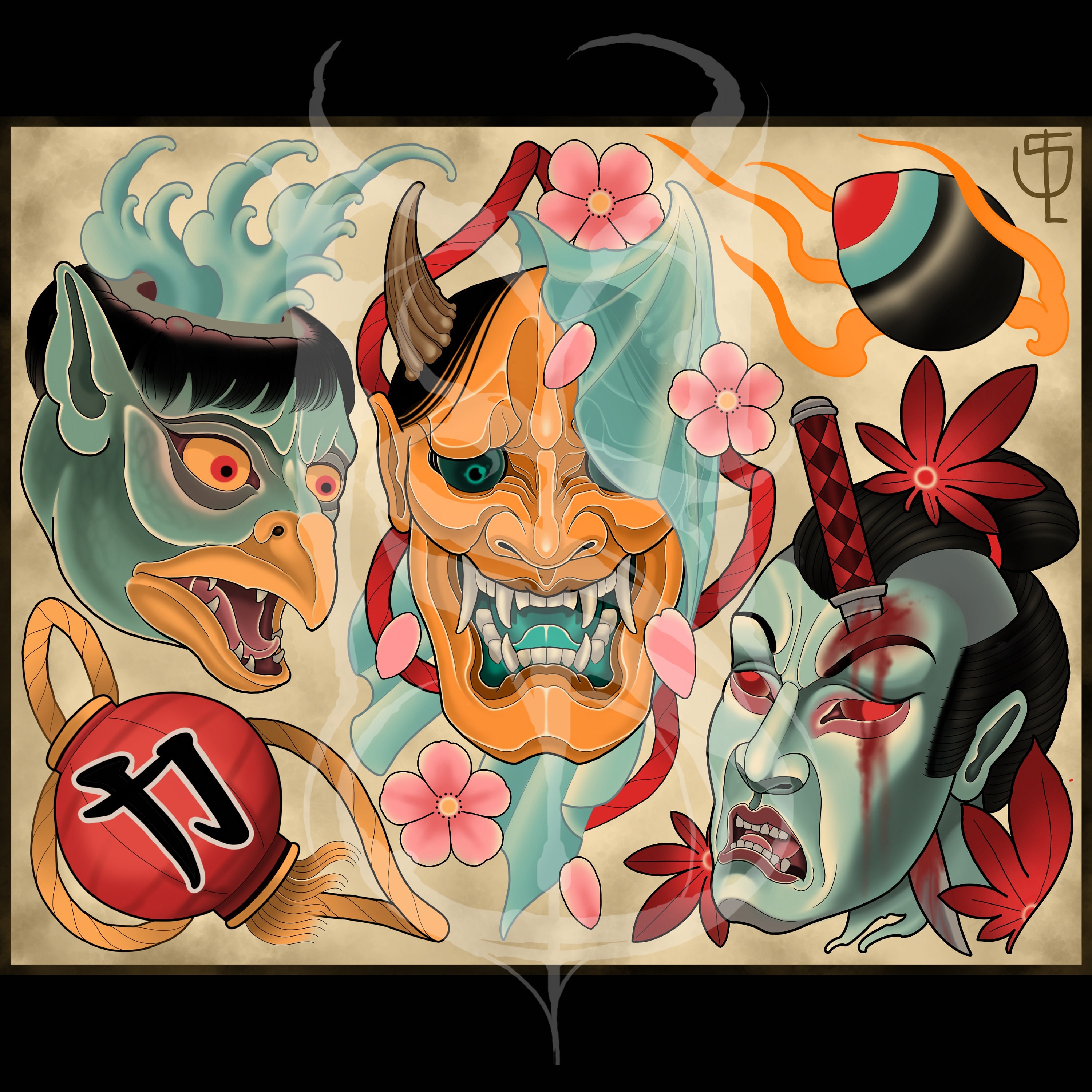 Japanese Yokai Oni/hannya, Namakubi, Kappa Neotraditional Tattoo Flash ...