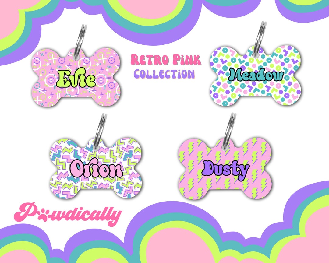 Custom Name Dog Tag Pink Pet ID Tag Dog Tag Retro Pet ID Tag ...
