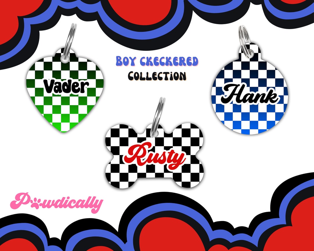 Checkered Dog Tag Boy Pet ID Tag Custom Dog Tag Personalized Dog Tag ...