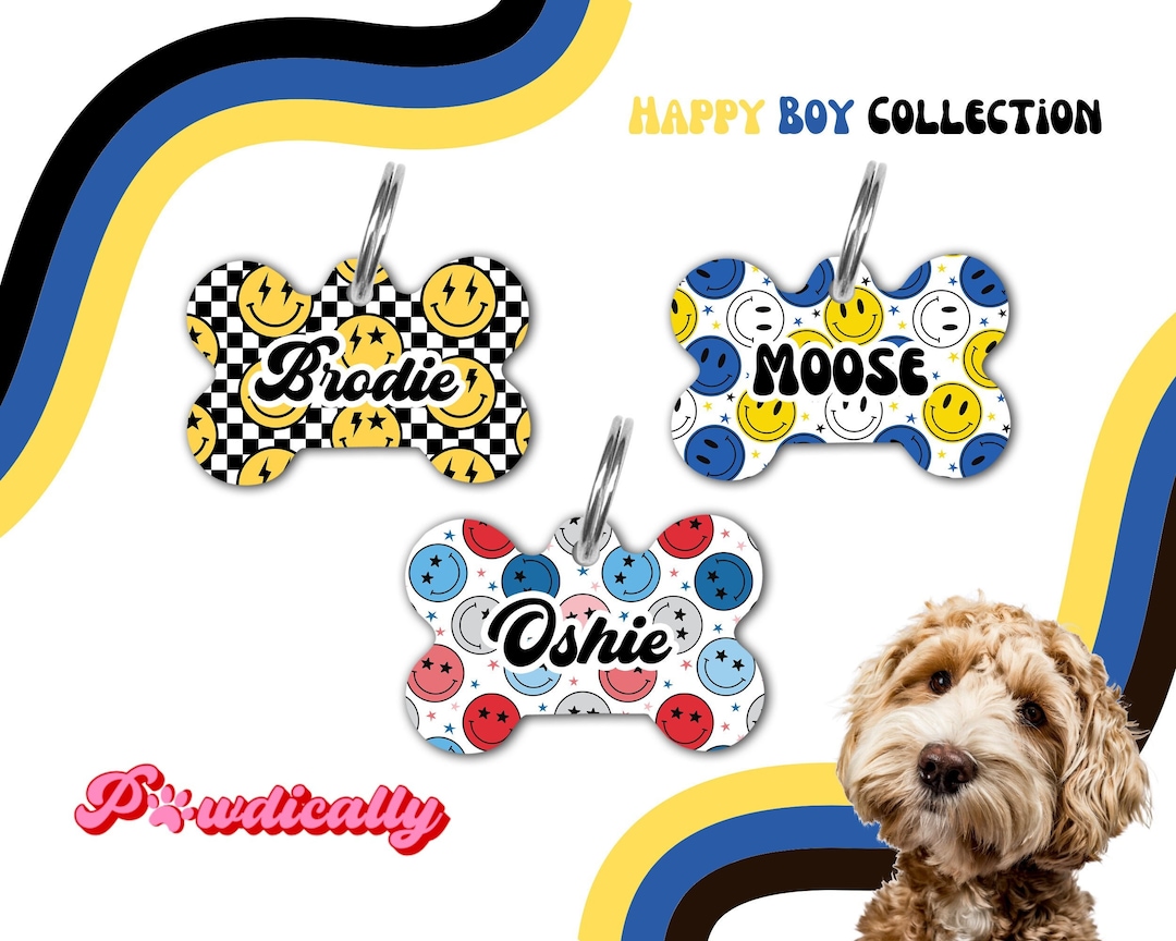 Boy Dog Name Tag Smiley Dog Tag Pet ID Tag Custom Dog Tag Personalized ...