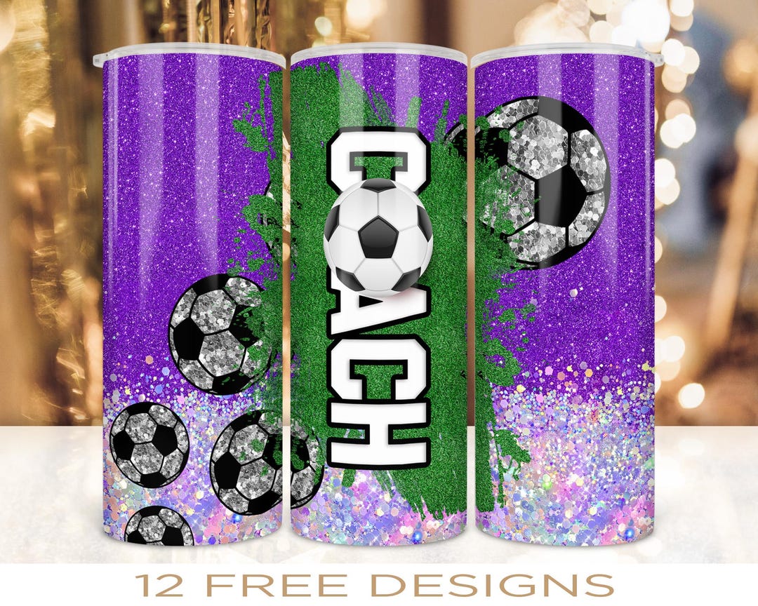 20 Oz Skinny Coach Tumbler Wrap Soccer Football Glitter Design ...