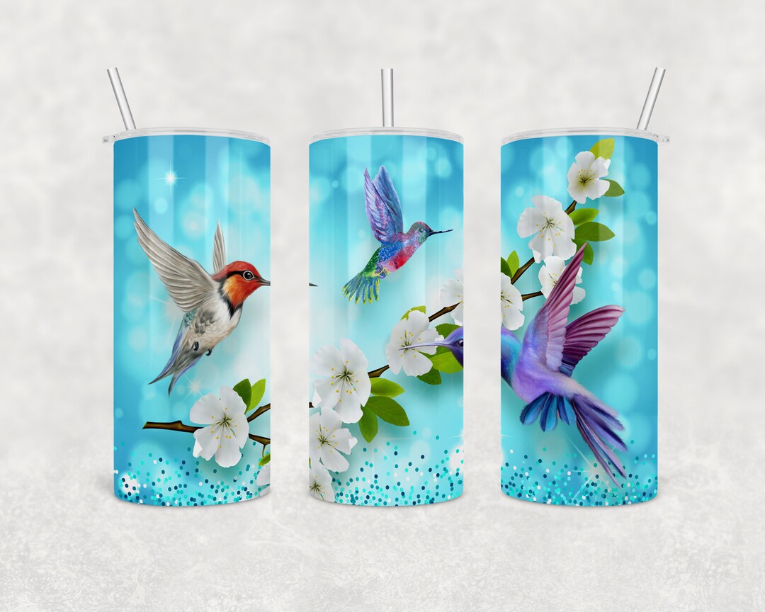 15 Oz Tumbler Wrap Hummingbird Flower Cyan Glitter Design Sublimation ...