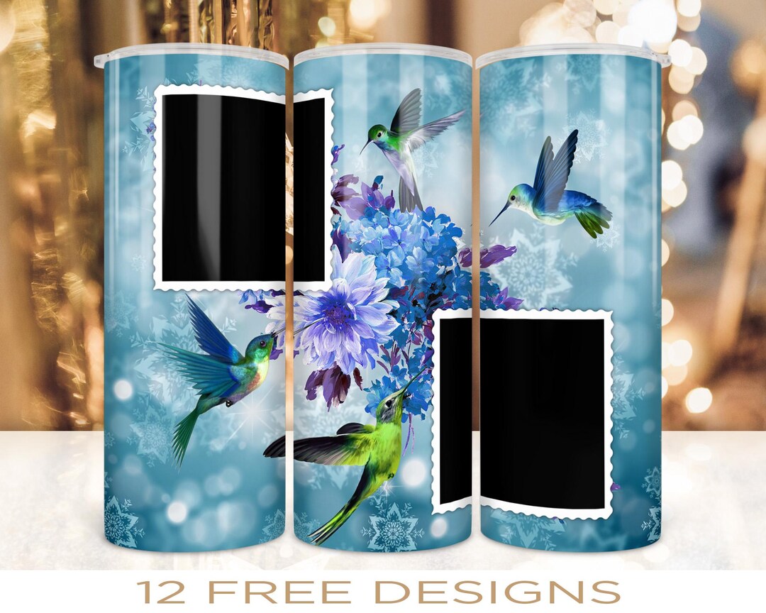 20 Oz Skinny Photo Tumbler Wrap Hummingbird Flowers Blue Glitter ...