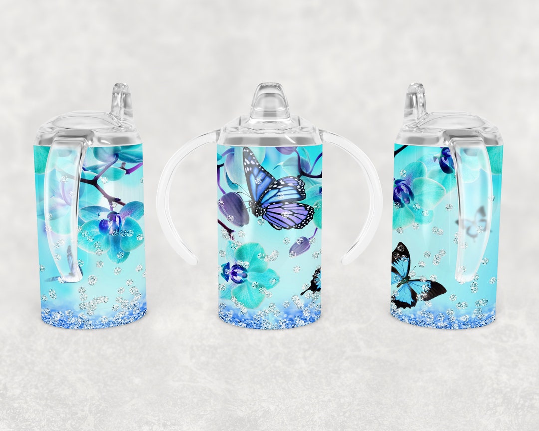 Straight Sippy Cup Sublimation Blue Glitter Butterfly Flower 12 Oz ...