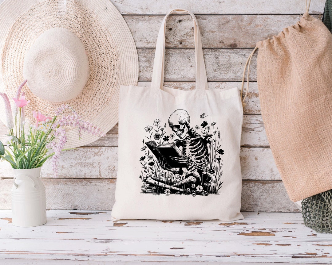 Reading Skeleton Cotton Tote Bag: Bookworm Librarian Gift - Etsy