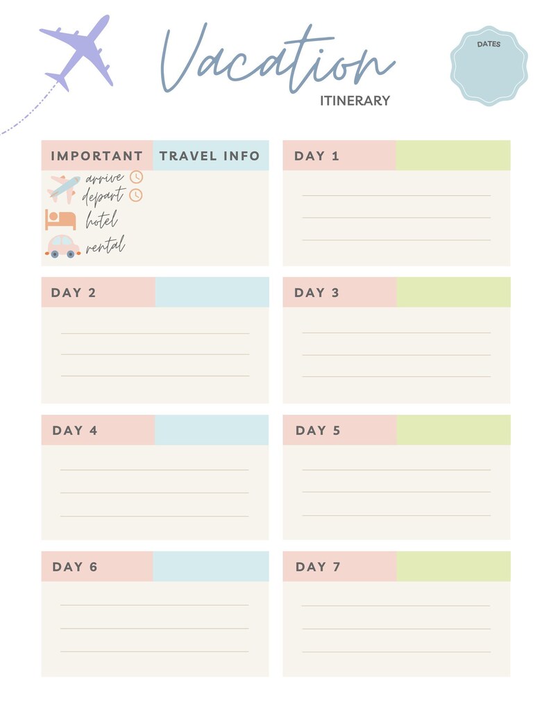 7 Day Vacation Itinerary - Etsy