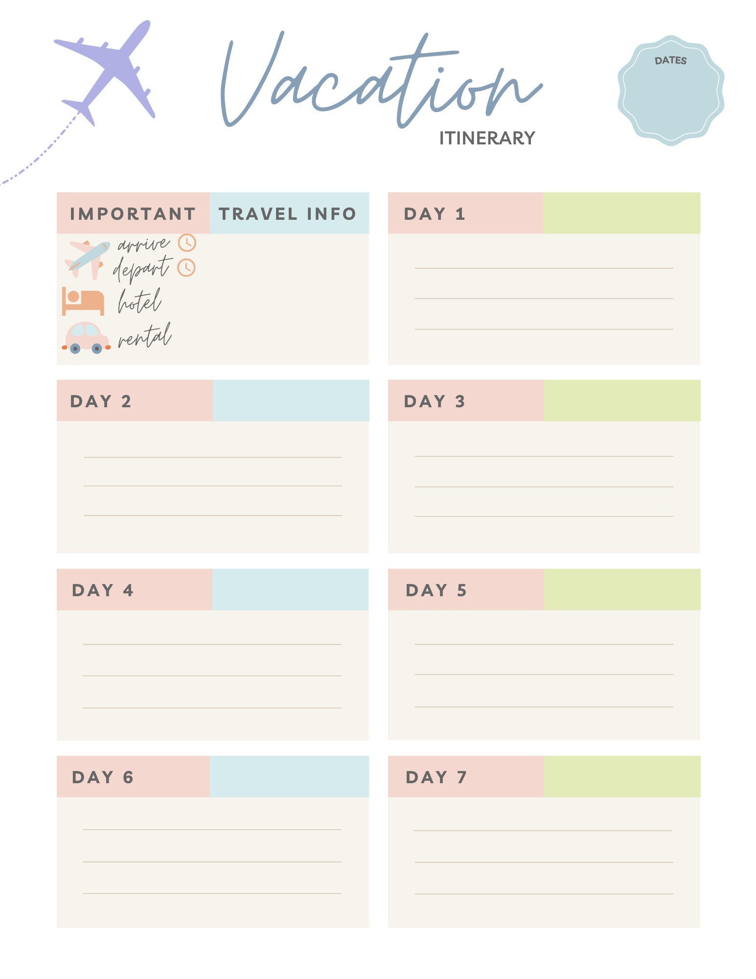 7 Day Vacation Itinerary - Etsy