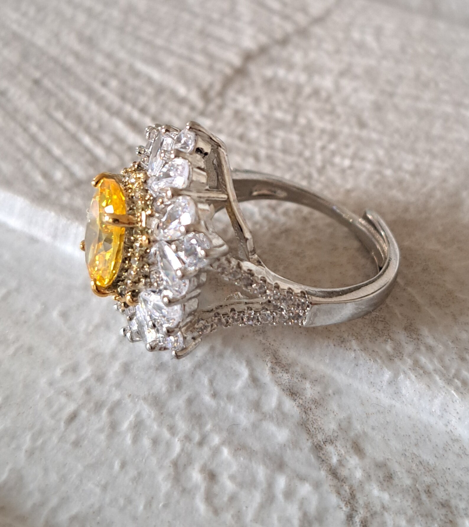 Yellow Floral Large Cocktail Ring, Large Yellow Silver Oval Swarovski ...