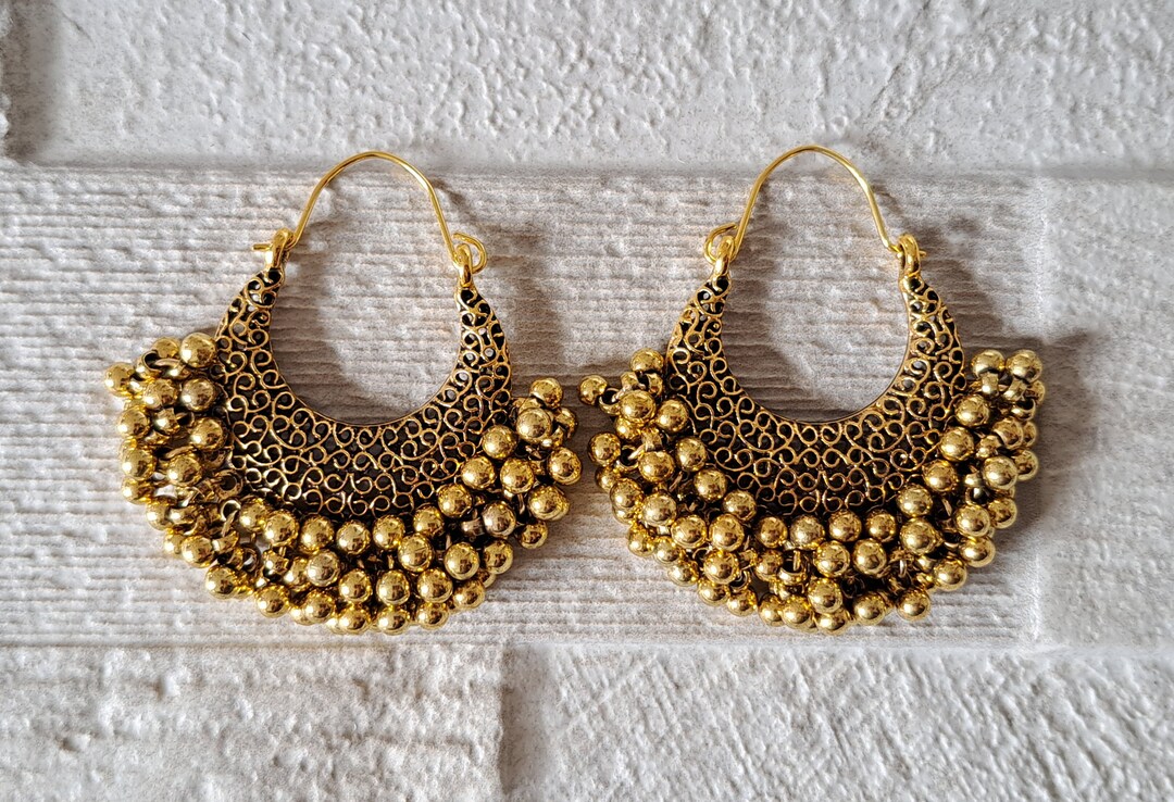 Large Antique Gold Hoops, Indian Inspired Bohemian Hoops, Turkish Ball ...