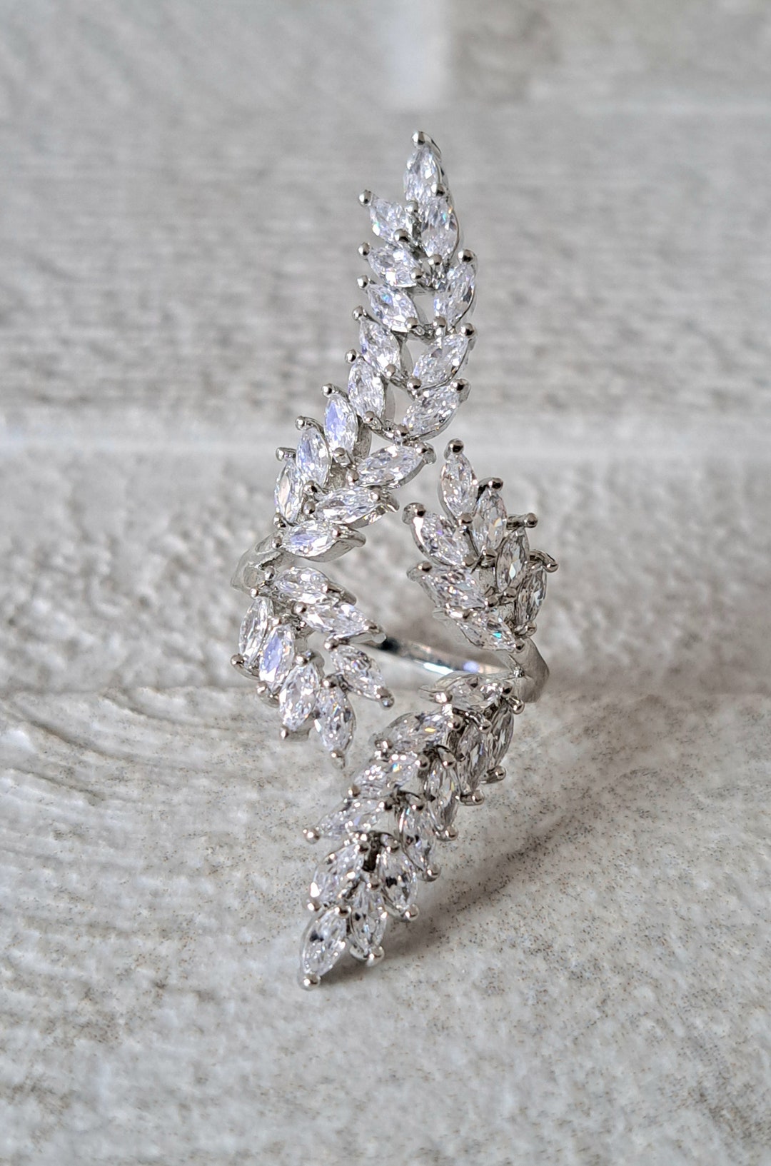 Large Silver Leaf Crystal Ring, Link Leaf Silver Swarovski Crystal ...
