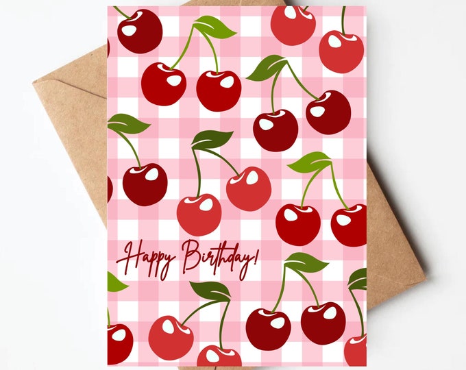 Happy Birthday Pink Cherries Card | Greeting Card | Blank Card - Etsy