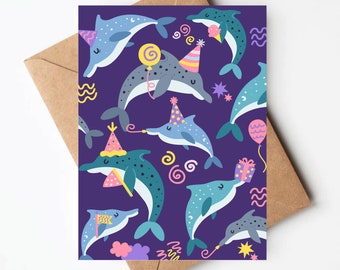 Dolphin Birthday Card, Party Hat, Happy Birthday, Dolphin Gift ...