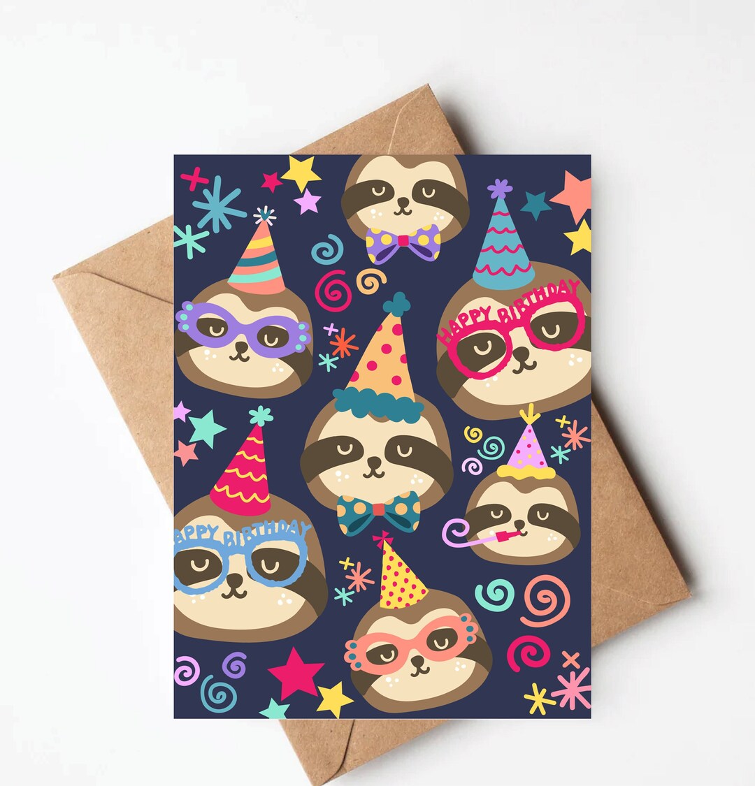 Colorful Sloth Birthday Card, Funny Birthday Card, Kids Birthday Card ...