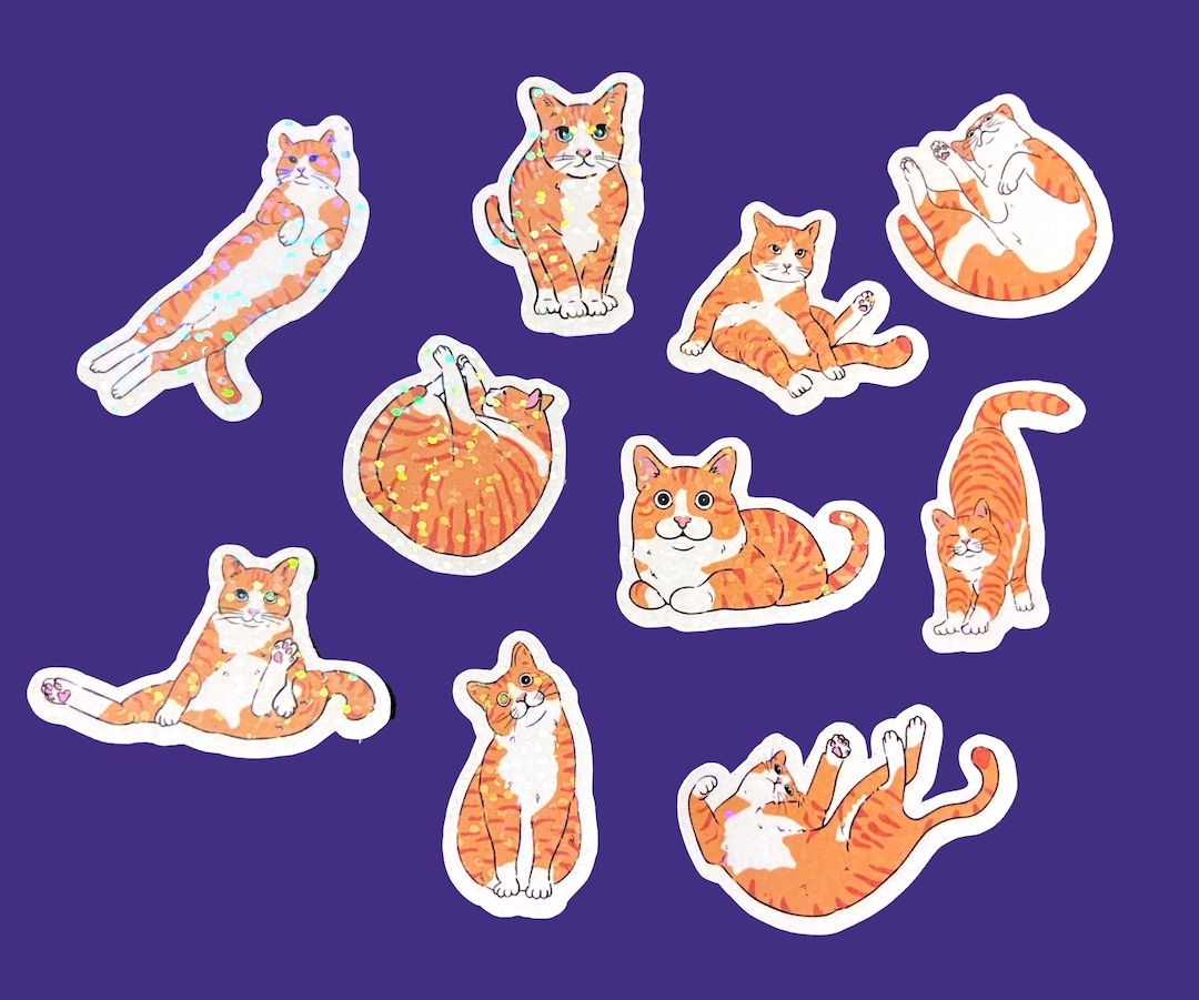 Set of 10 Orange Cat Stickers, Mini Cat Sticker Pack, Cat Lover Gift ...