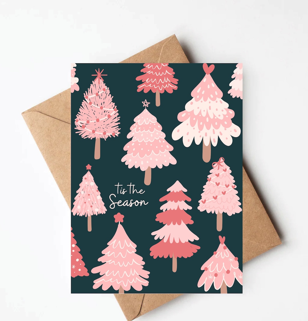 Modern Pink Christmas Tree Card, Pastel Christmas Cards, Whimsical ...