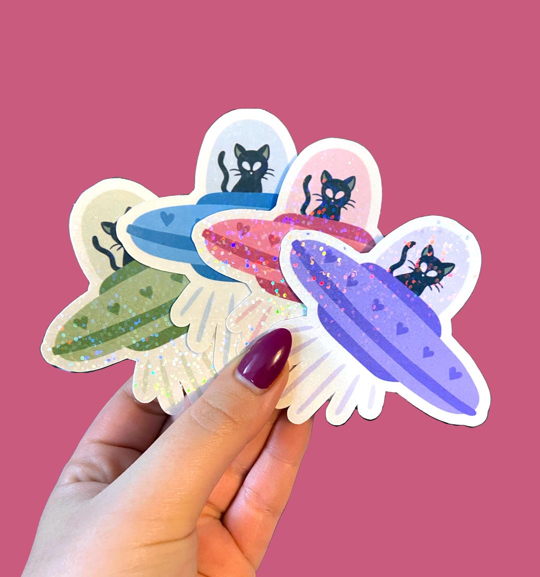 Holographic Cat UFO Sticker, Cute Alien Black Cat Sticker, Girly ...