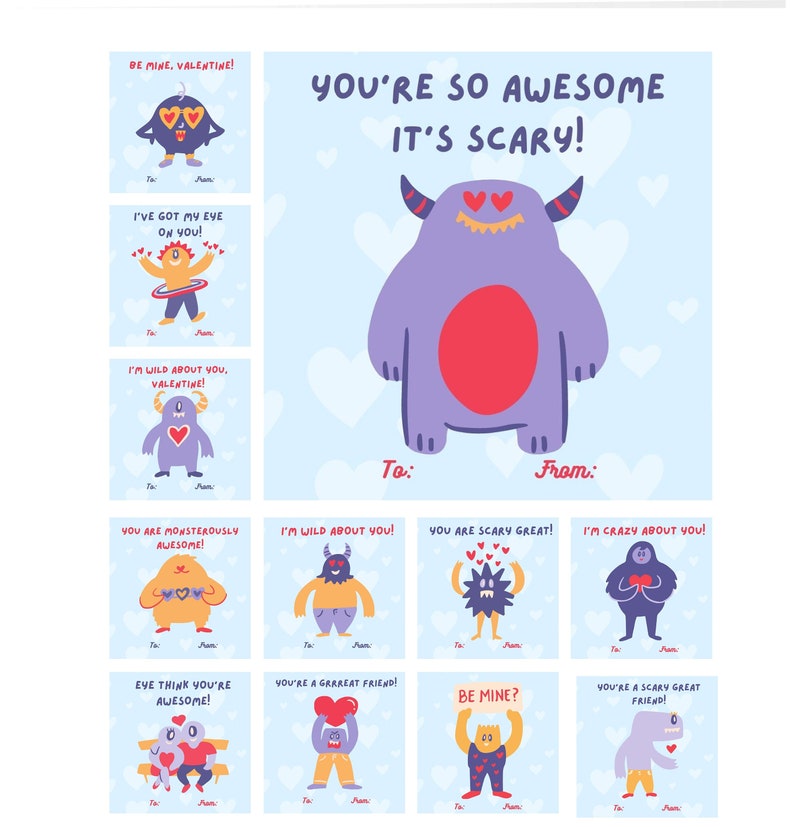 Monster Valentines, Set of Monster Valentines for Classroom, Mini Kids ...