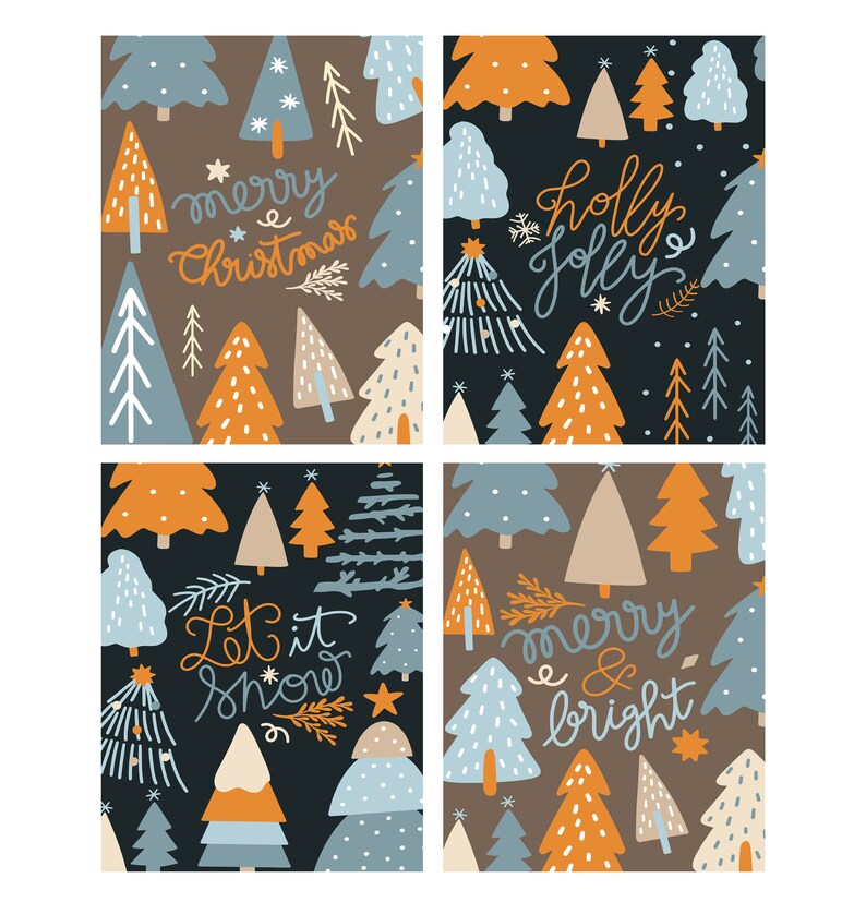 Set of 4 Boho Orange and Blue Christmas Cards, Whimsical Colorful ...