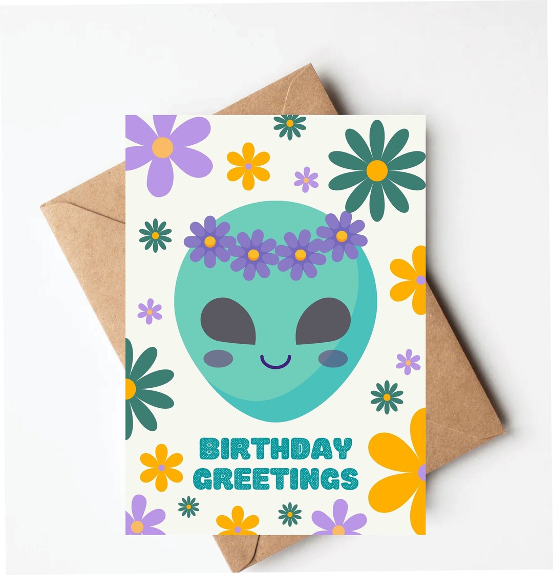 Retro Alien Birthday Card, Flower Alien Card, Funny Unique Birthday ...