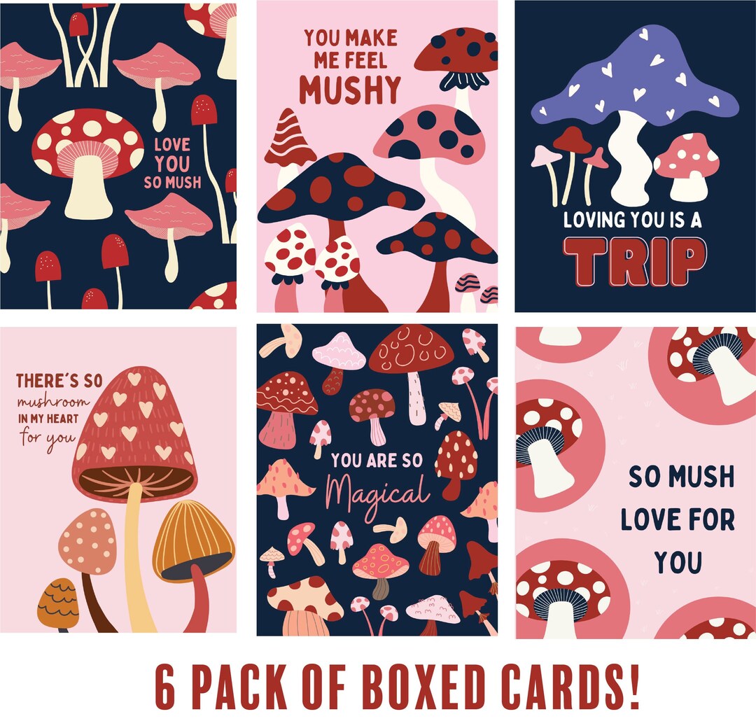 Boxed Set of 6 Mushroom Valentines Day Cards, Mushroom Valentine Card ...