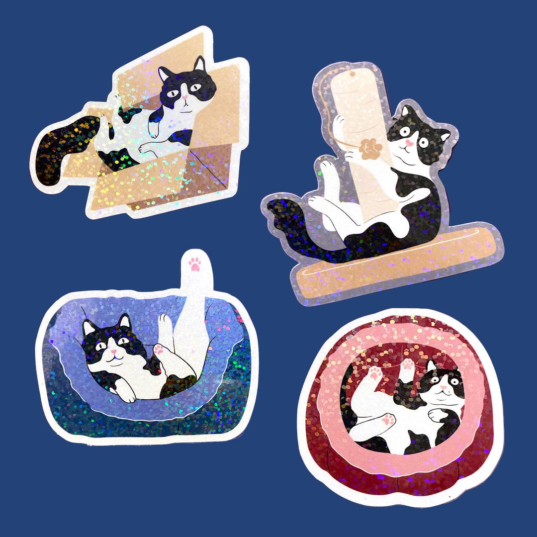 Set of 4 Tuxedo Cat Stickers, Holographic Tuxedo Cat Sticker Pack ...