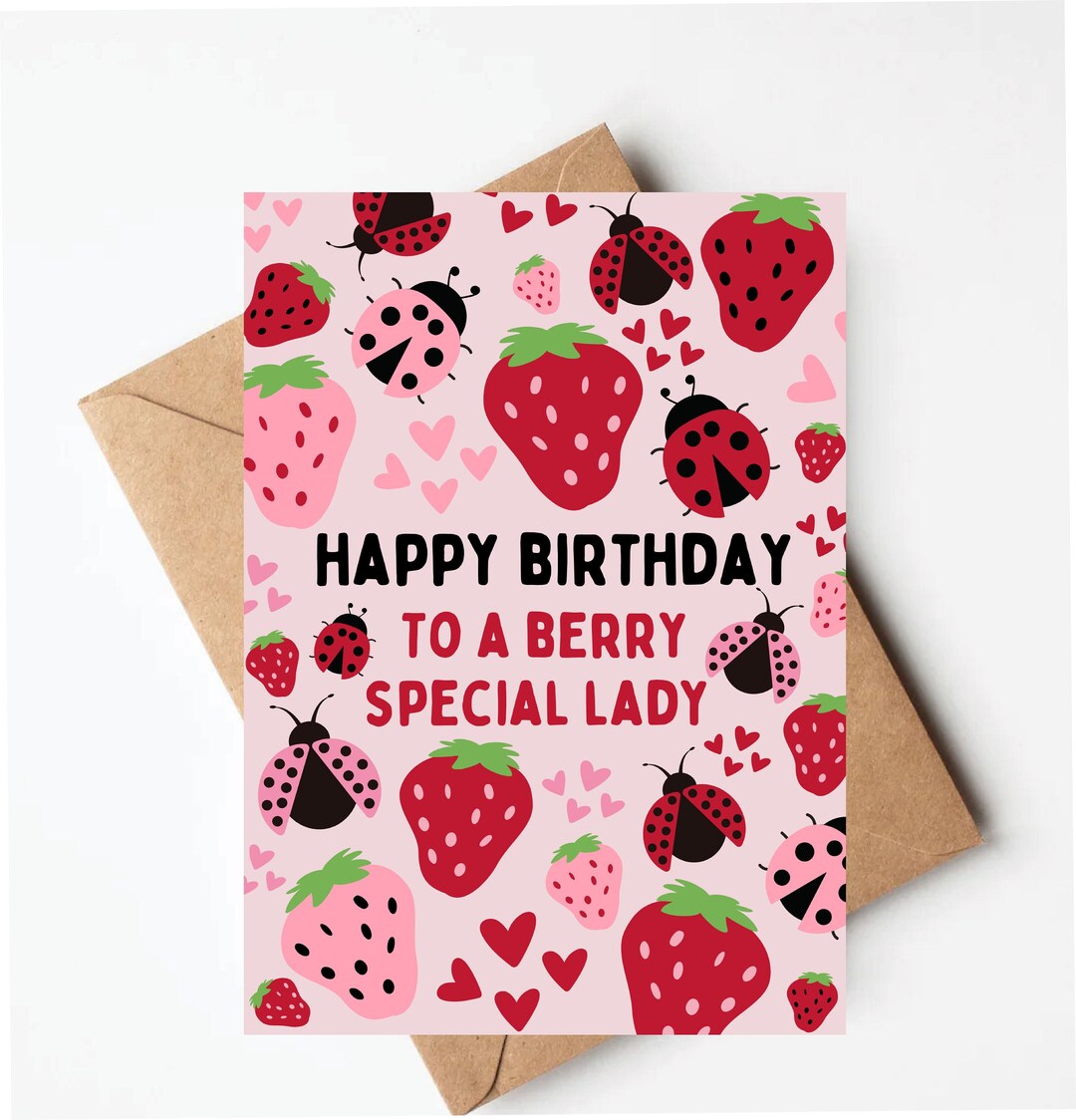 Ladybug Birthday Card, Strawberry Birthday Card, Unique Colorful ...