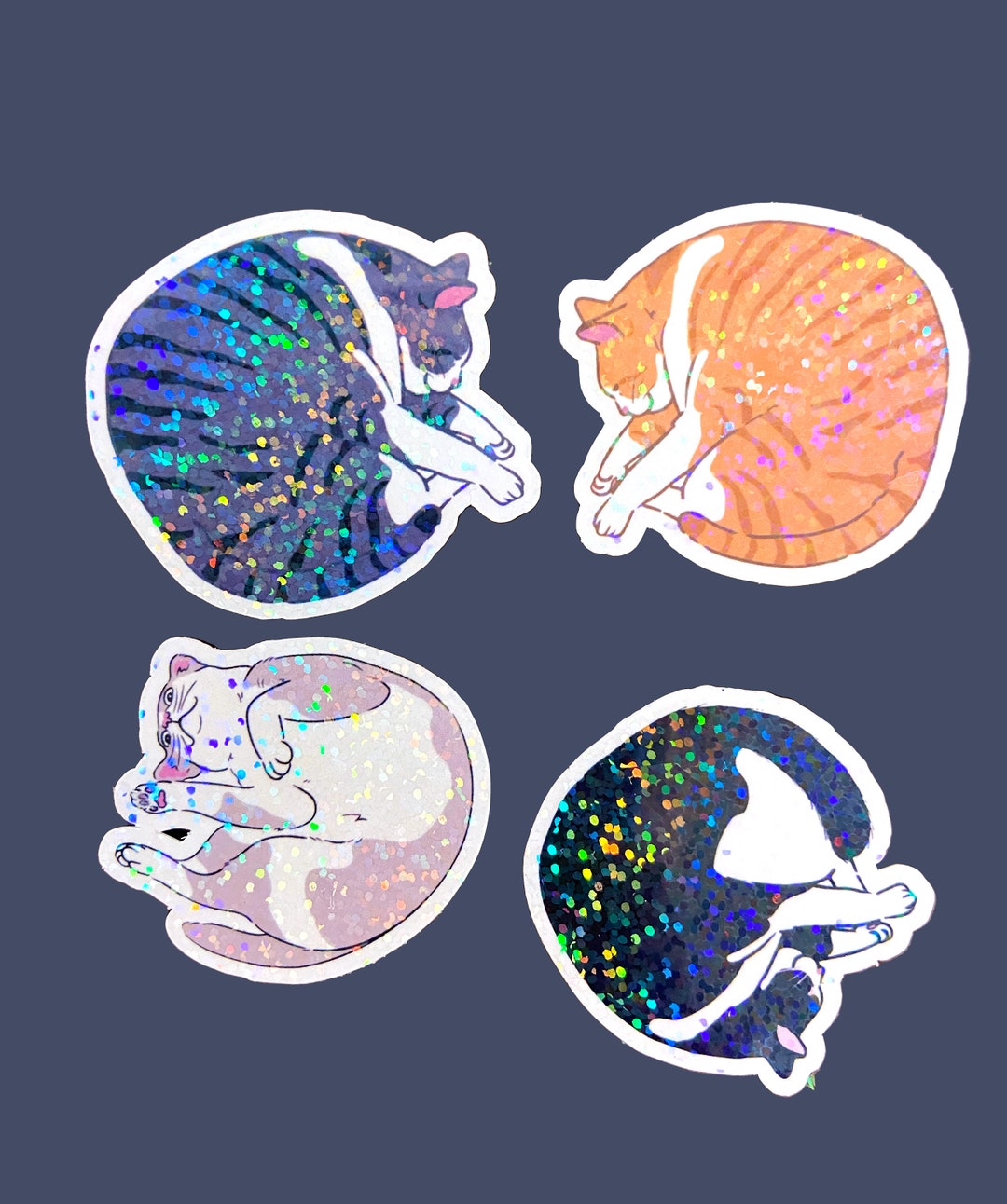 Set of 4 Sleeping Cat Stickers, Holographic Tuxedo Cat Sticker Pack ...