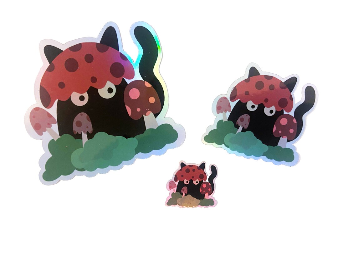 Mushroom Cat Sticker, Holographic Cat Stickers, Cute Mushroom Sticker ...