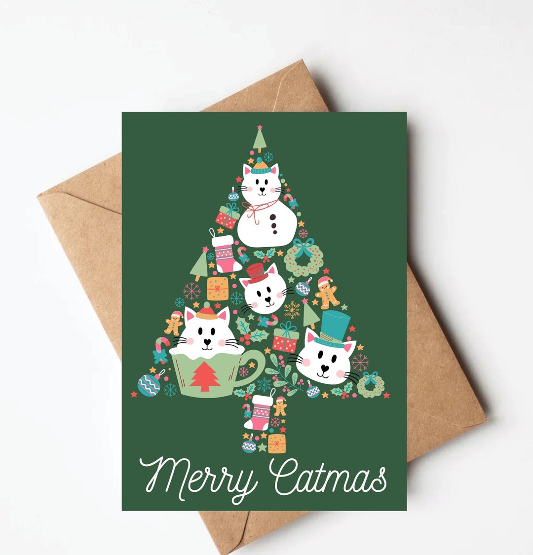 Cat Christmas Card, Merry Catmas, Cat Lover Christmas Card, Blank ...