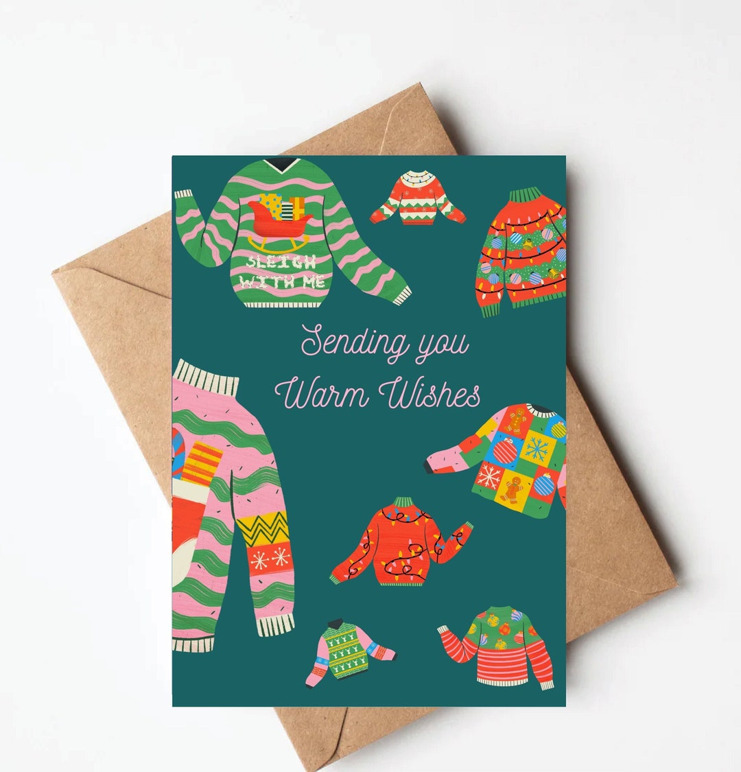 Colorful Ugly Sweater Christmas Card, Whimsical Christmas Card, Bright ...