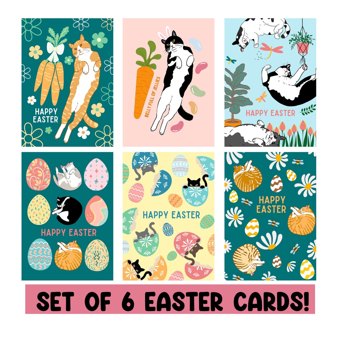 Set of 6 Cat Easter Cards, Boxed Easter Cards, Cute Cat Easter Cards ...