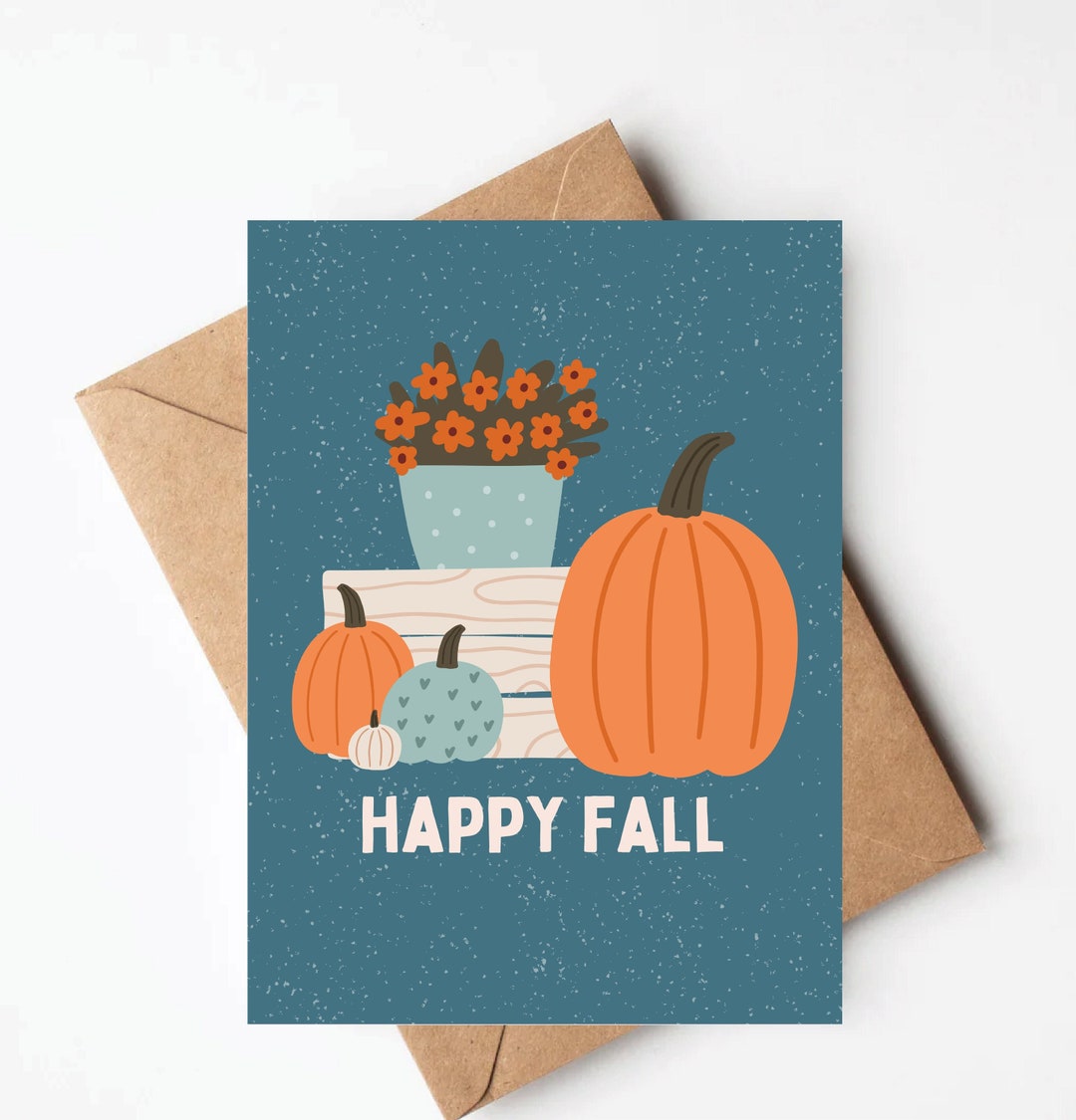 Happy Fall Greeting Card, Cute Halloween Card, Teal Pumpkin Greeting ...