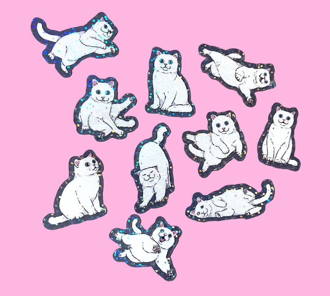 Set of 10 White Cat Stickers, Mini Cat Sticker Pack, Cat Lover Gift ...