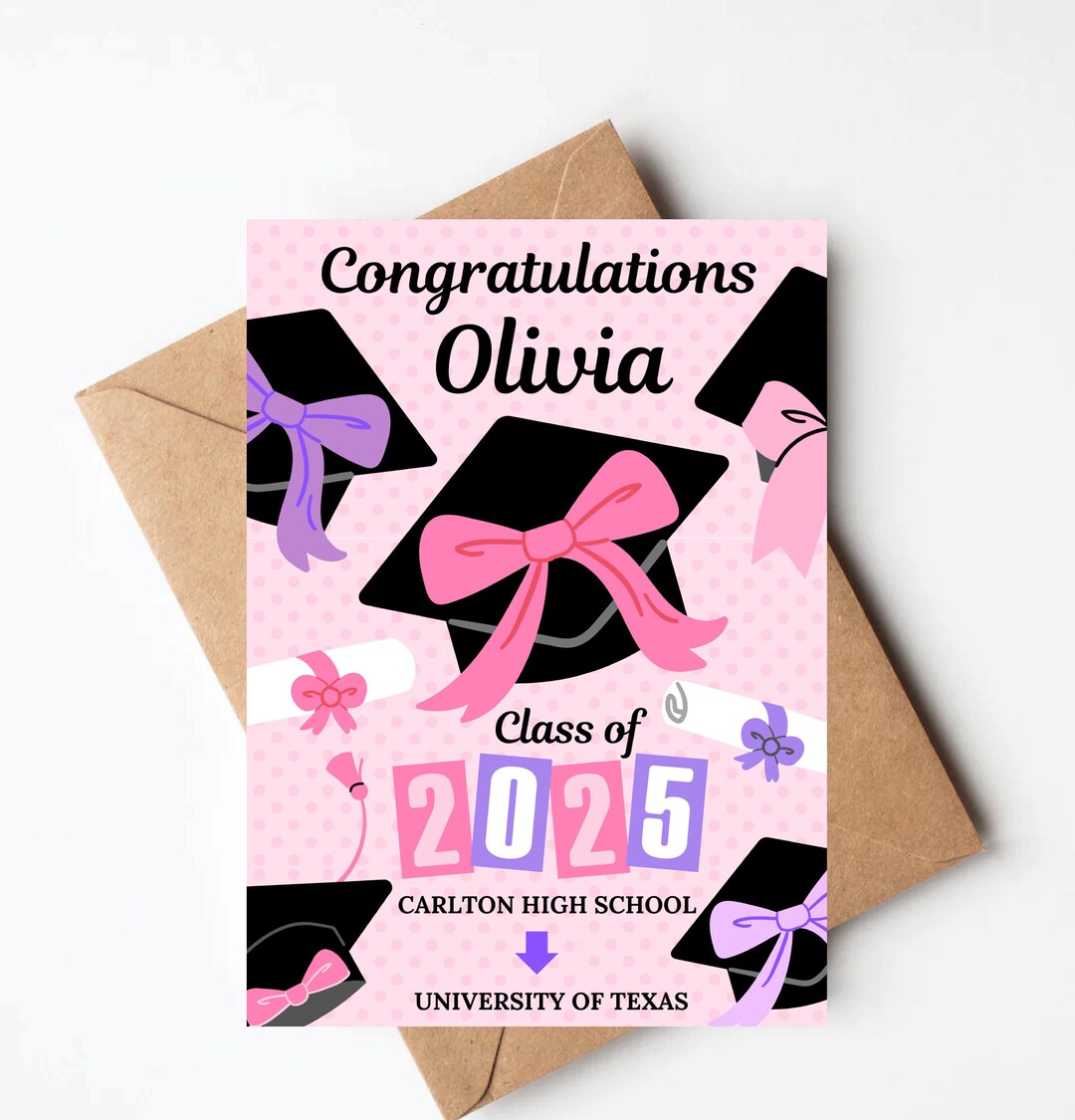 Personalized Pink Bow Graduation Card, Cute Custom Name Girly ...