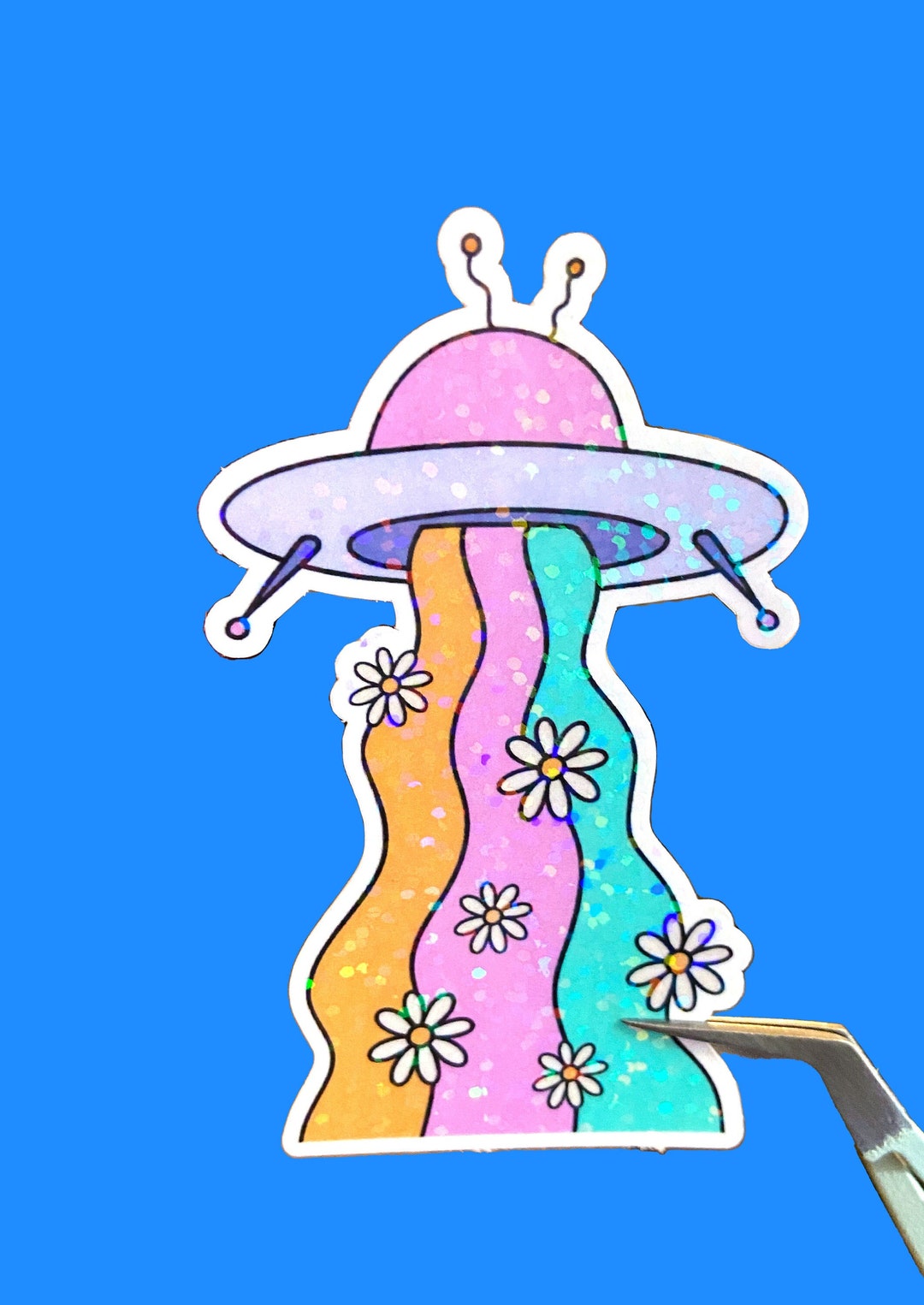 Holographic Retro UFO Sticker, Cute Alien Sticker, Girly Waterproof ...