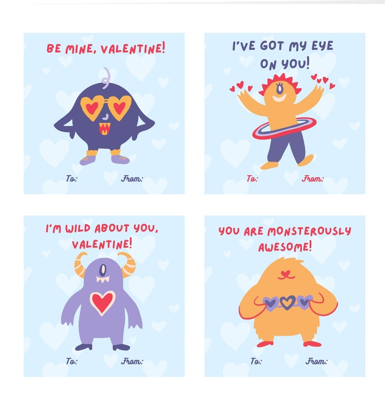 Monster Valentines, Set of Monster Valentines for Classroom, Mini Kids ...