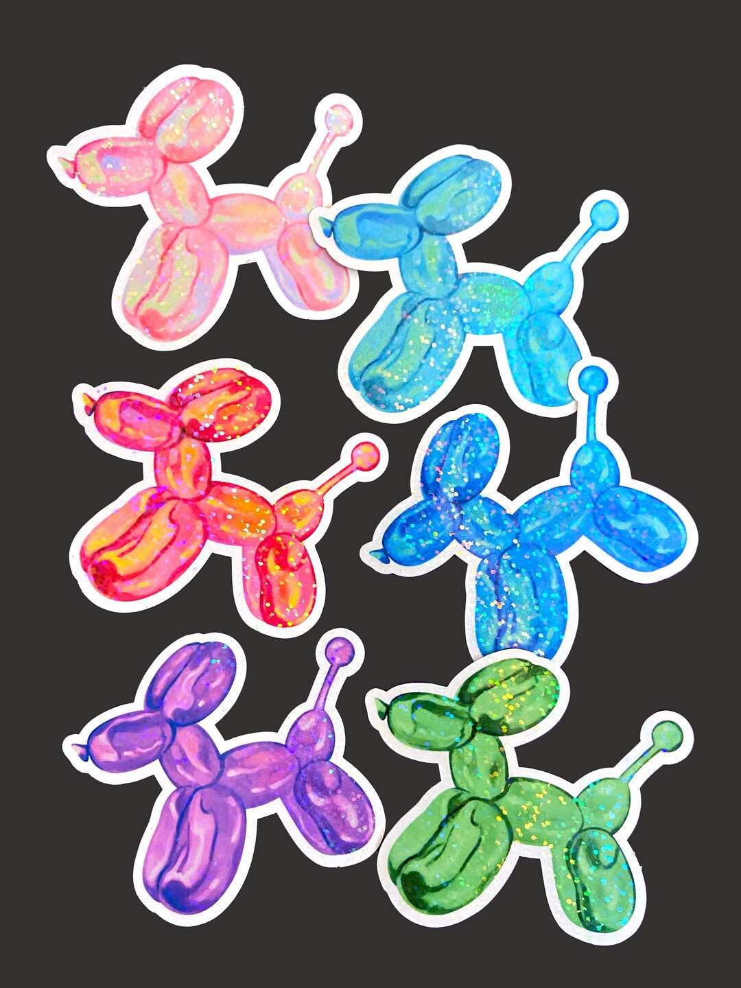Set of 6 Holographic Balloon Dog Stickers, Mini Waterproof Stickers ...
