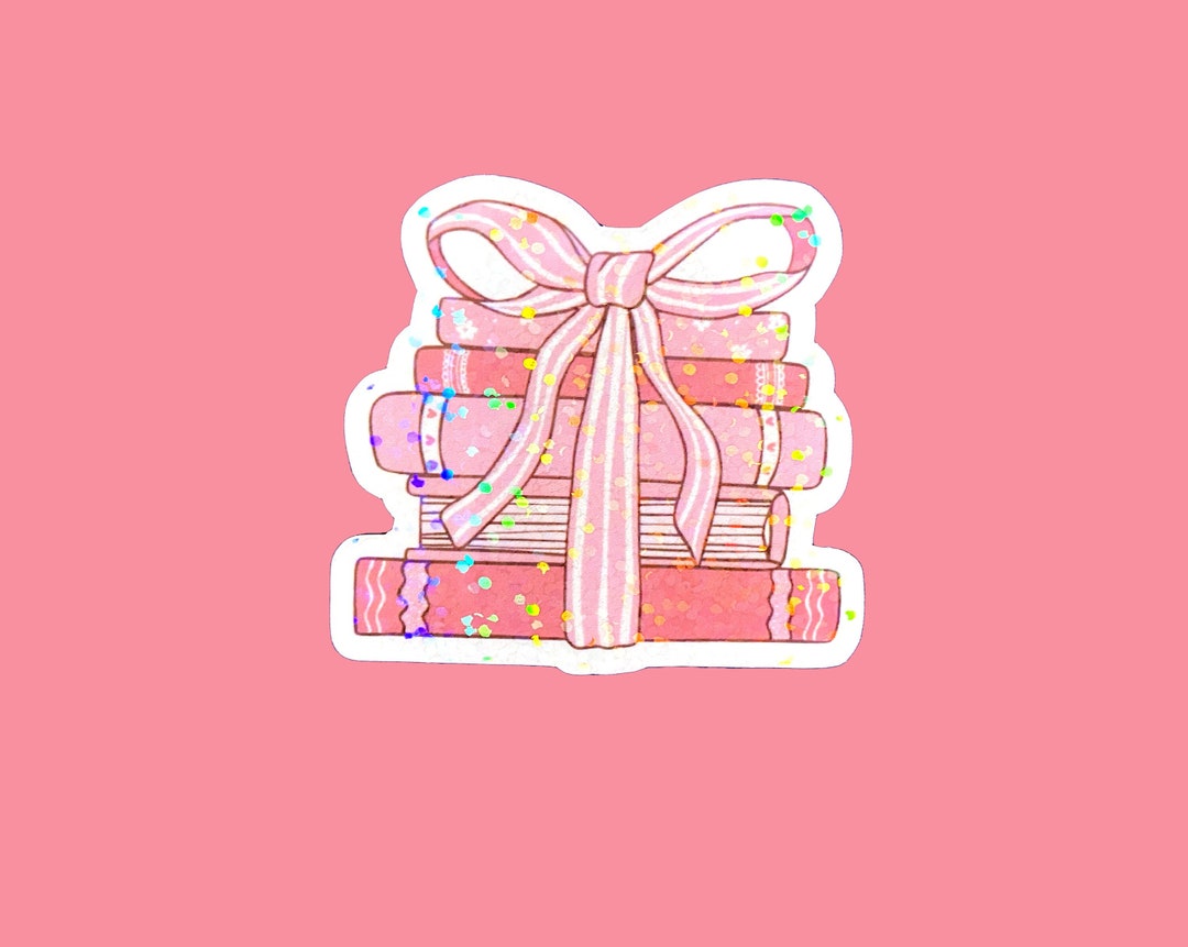 Holographic Pink Book Stack Sticker, Coquette Aesthetic Bow Sticker ...