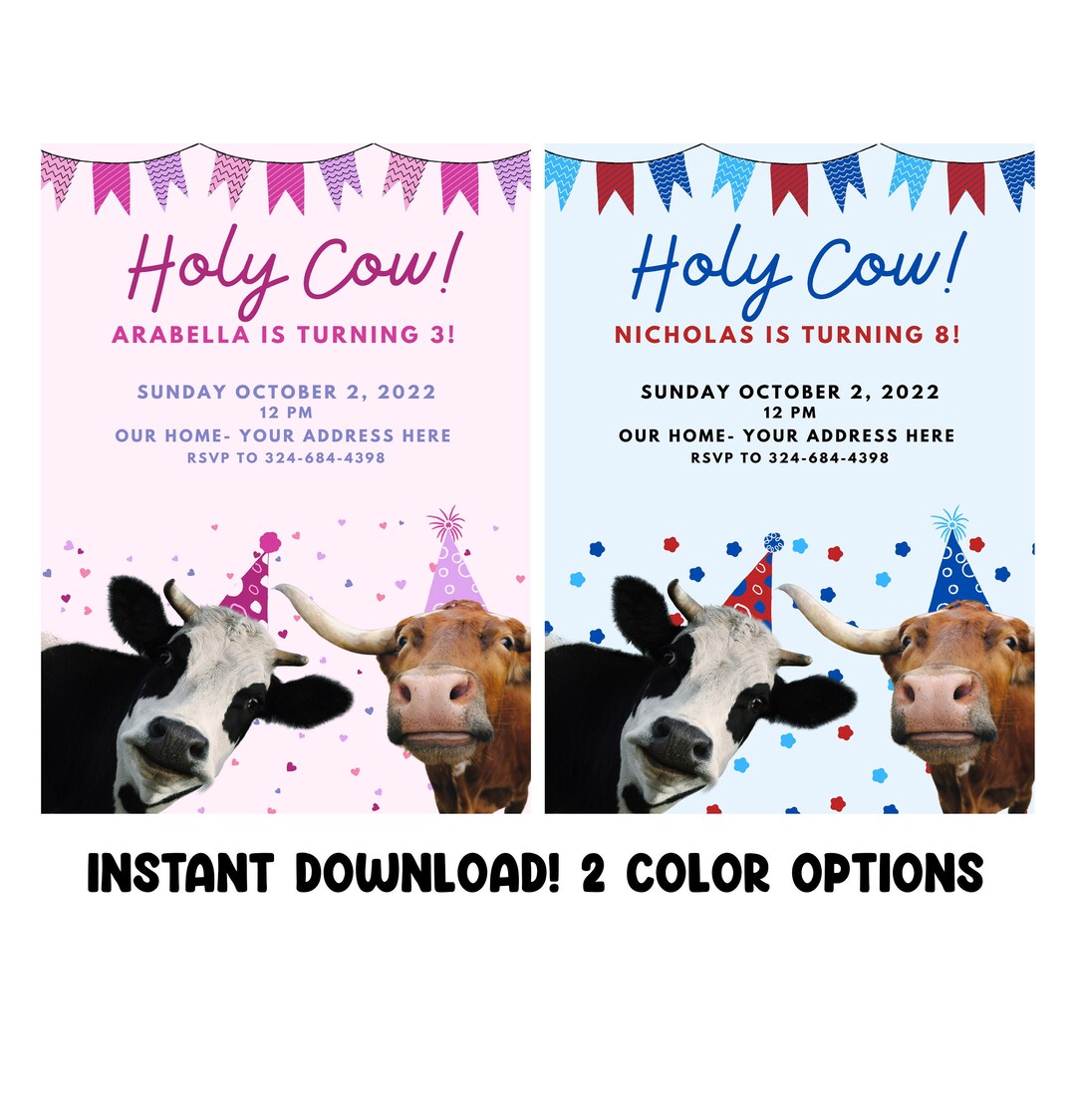 Cow Birthday Invitation, Cute Cow Birthday Invite, Printable Birthday ...