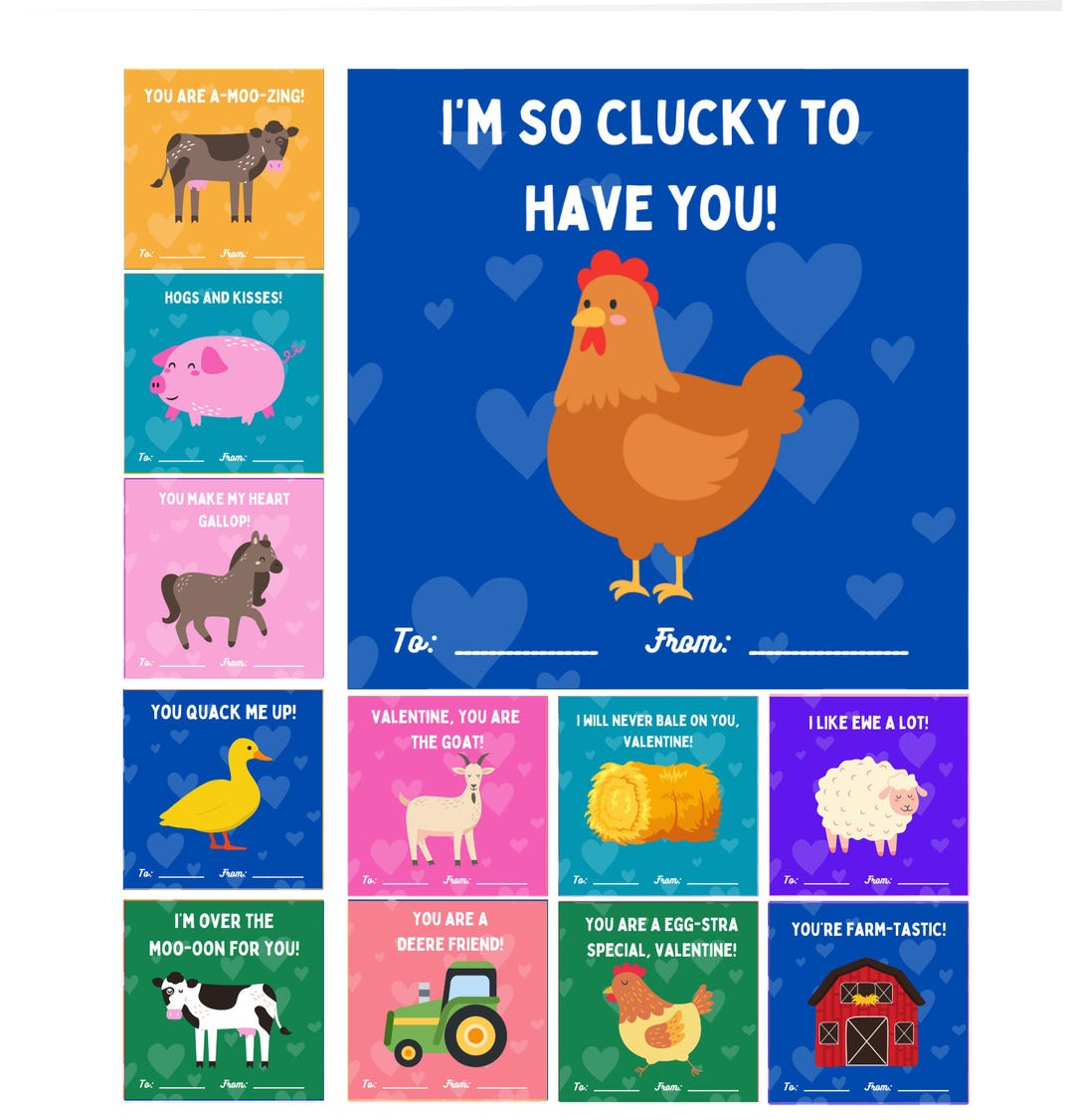 Funny Farm Animal Valentines, Set of Animal Pun Valentines for ...