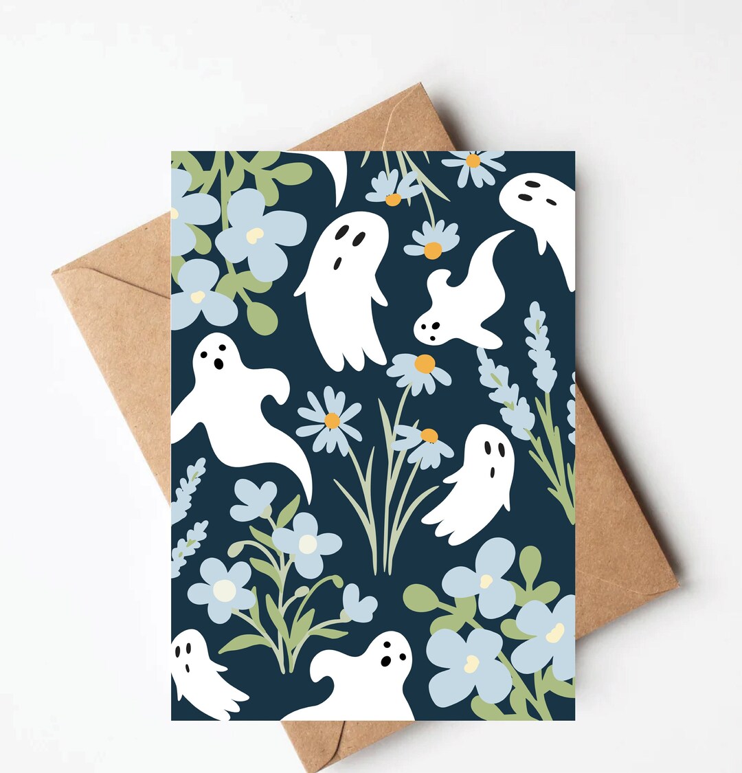 Floral Ghost Card, Cute Halloween Card, Cute Ghost Greeting Card ...