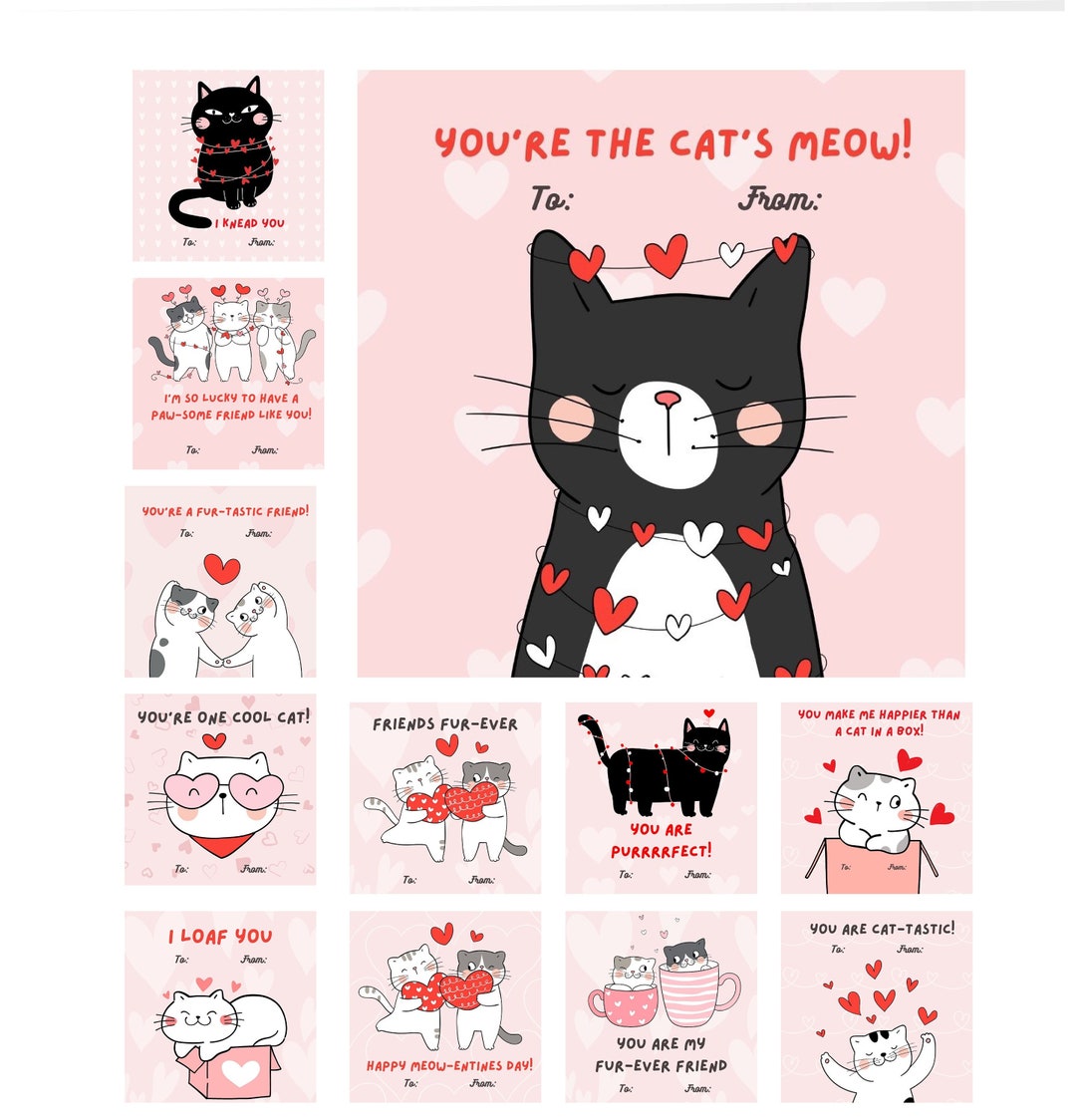 Cute Cat Valentines, Set of Cat Valentines for Classroom, Mini Kids ...